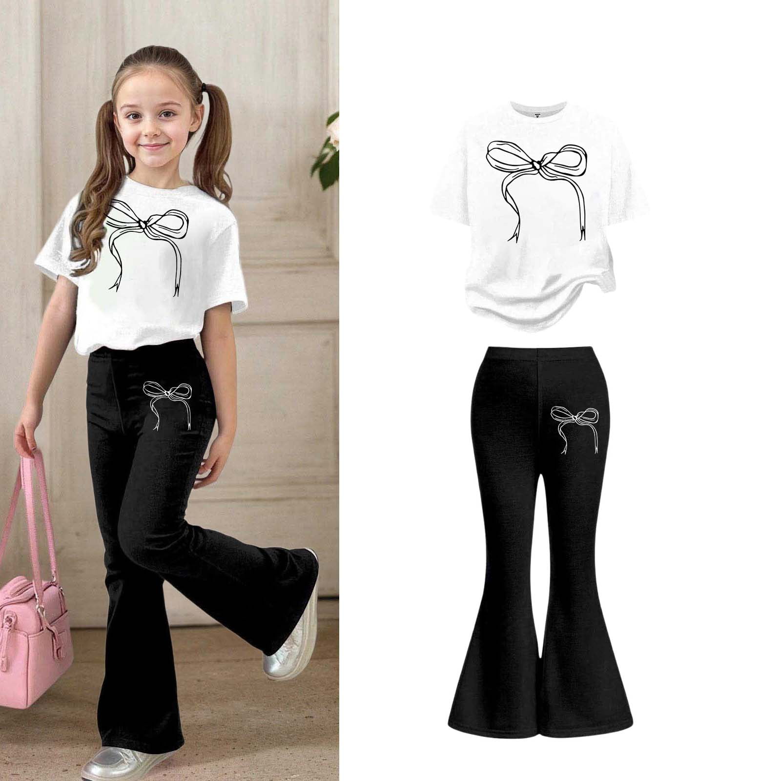 2 Piece Outfits Sets Girls Short Sleeve Bow T-Shirt Top and Flared ...