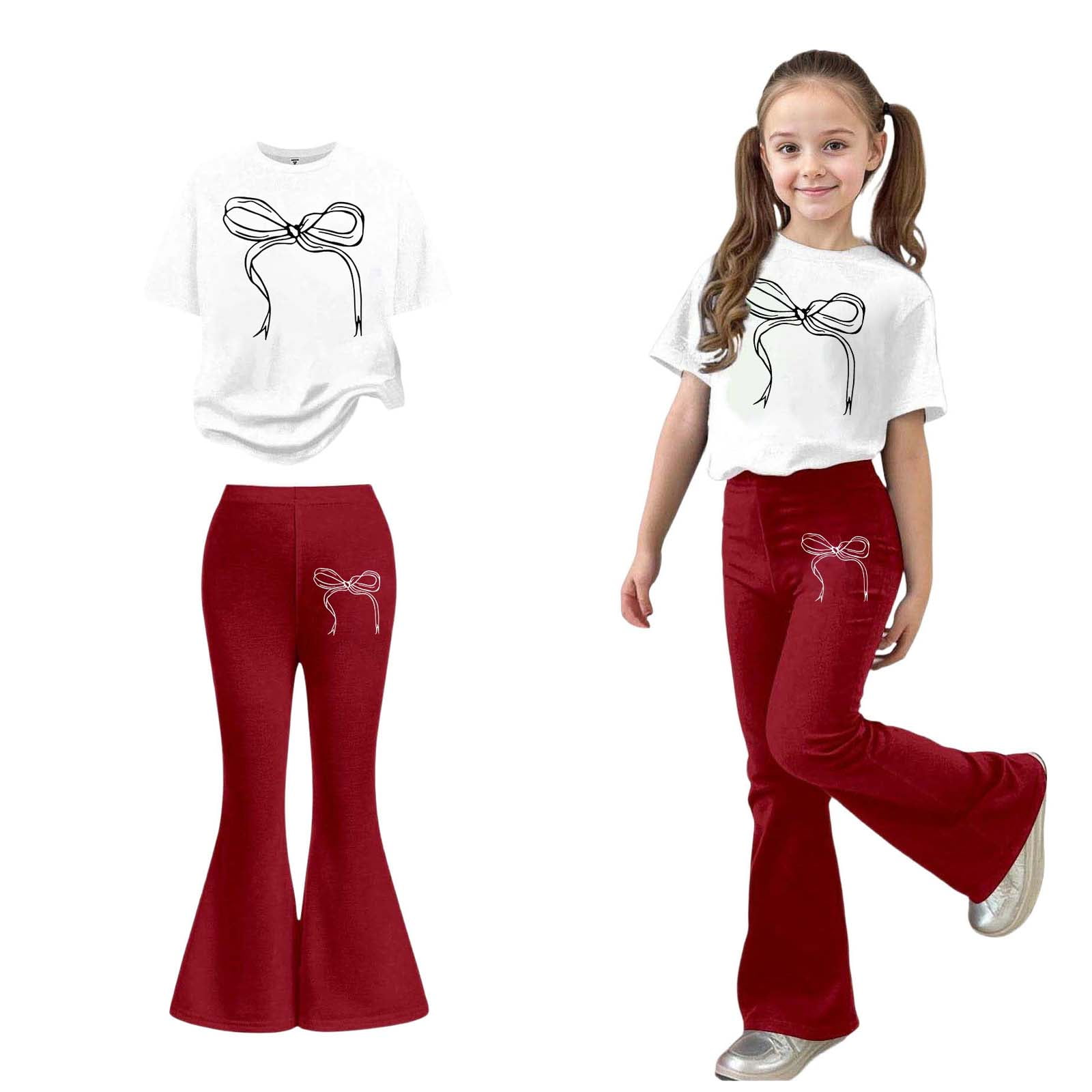 2 Piece Outfits Sets Girls Short Sleeve Bow T-Shirt Top and Flared ...