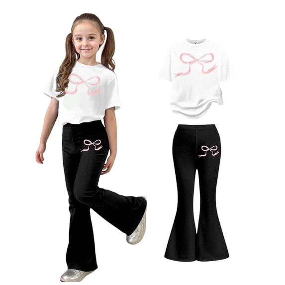 2 Piece Outfits Sets Girls Short Sleeve Bow T-Shirt Top and Flared ...