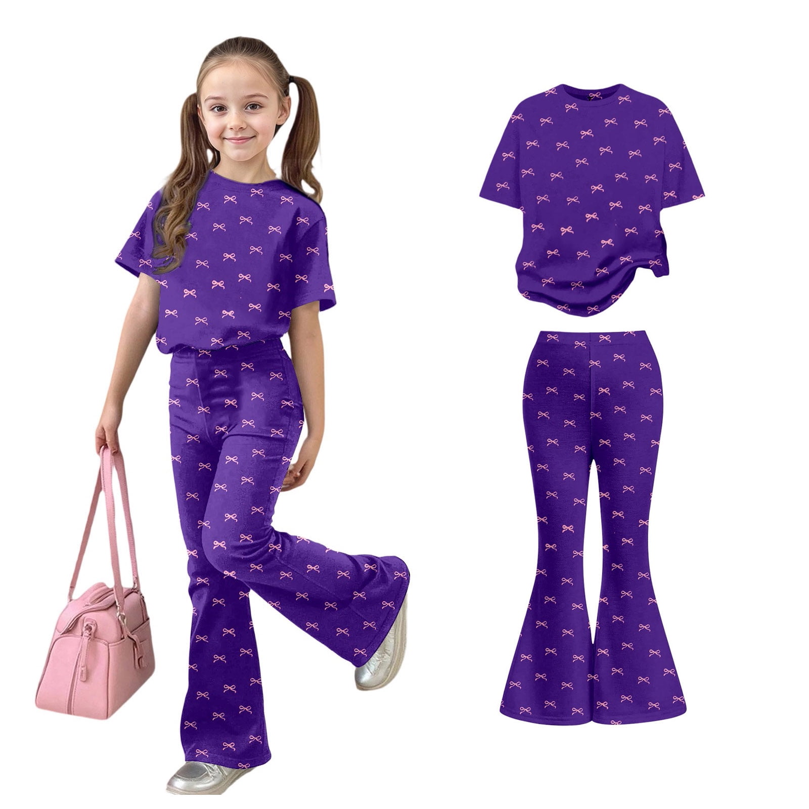 2 Piece Outfits Sets Girls Short Sleeve Bow T-Shirt Top and Flared ...