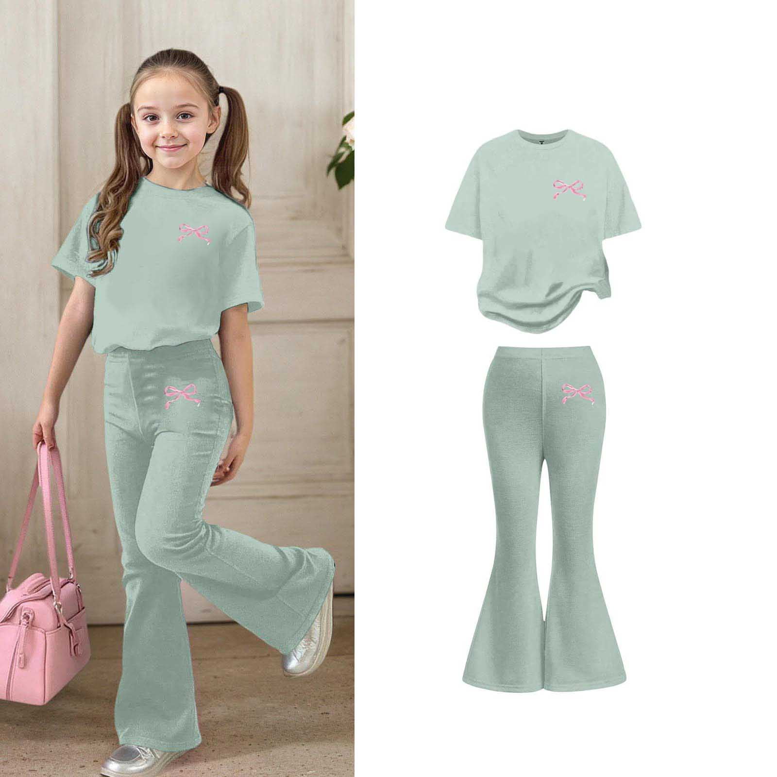 2 Piece Outfits Sets Girls Short Sleeve Bow T-Shirt Top and Flared ...