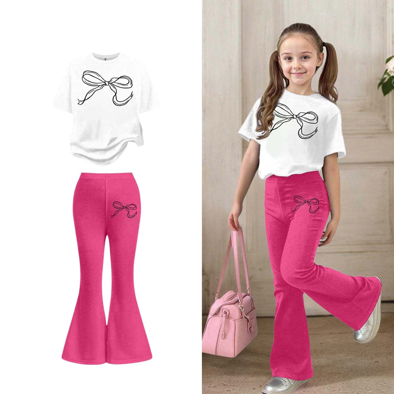 2 Piece Outfits Sets Girls Short Sleeve Bow T-Shirt Top and Flared ...