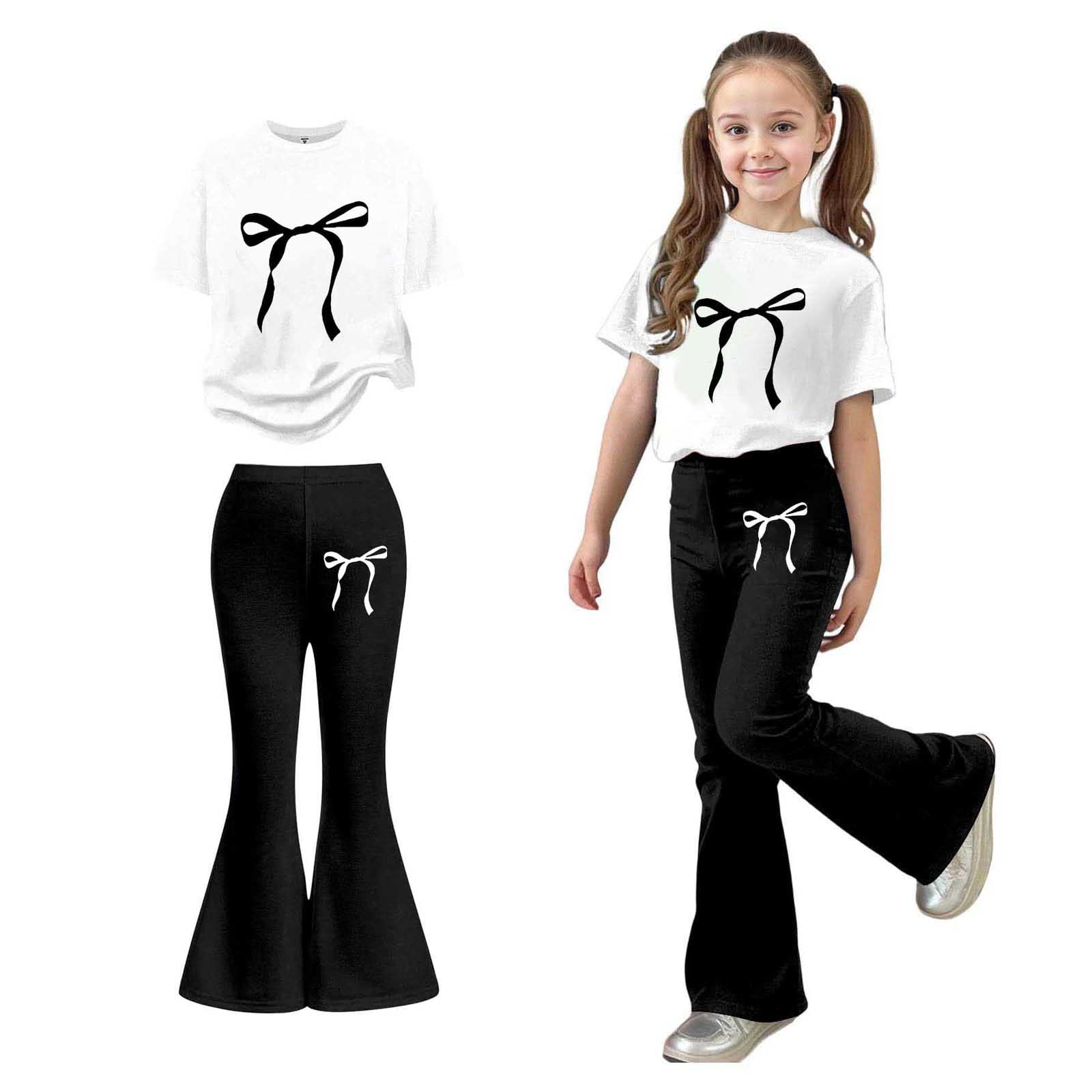 2 Piece Outfits Sets Girls Short Sleeve Bow T-Shirt Top and Flared ...