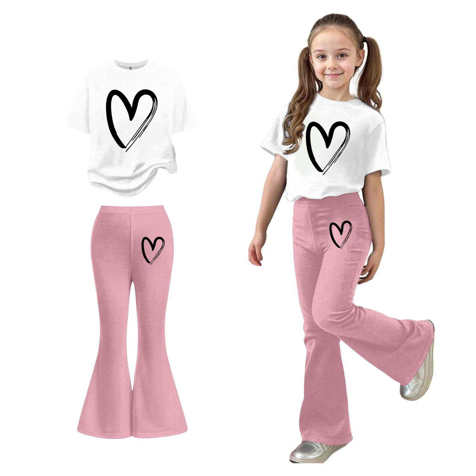 2 Piece Outfits Sets Girls Short Sleeve Heart T-Shirt Top and Flared ...