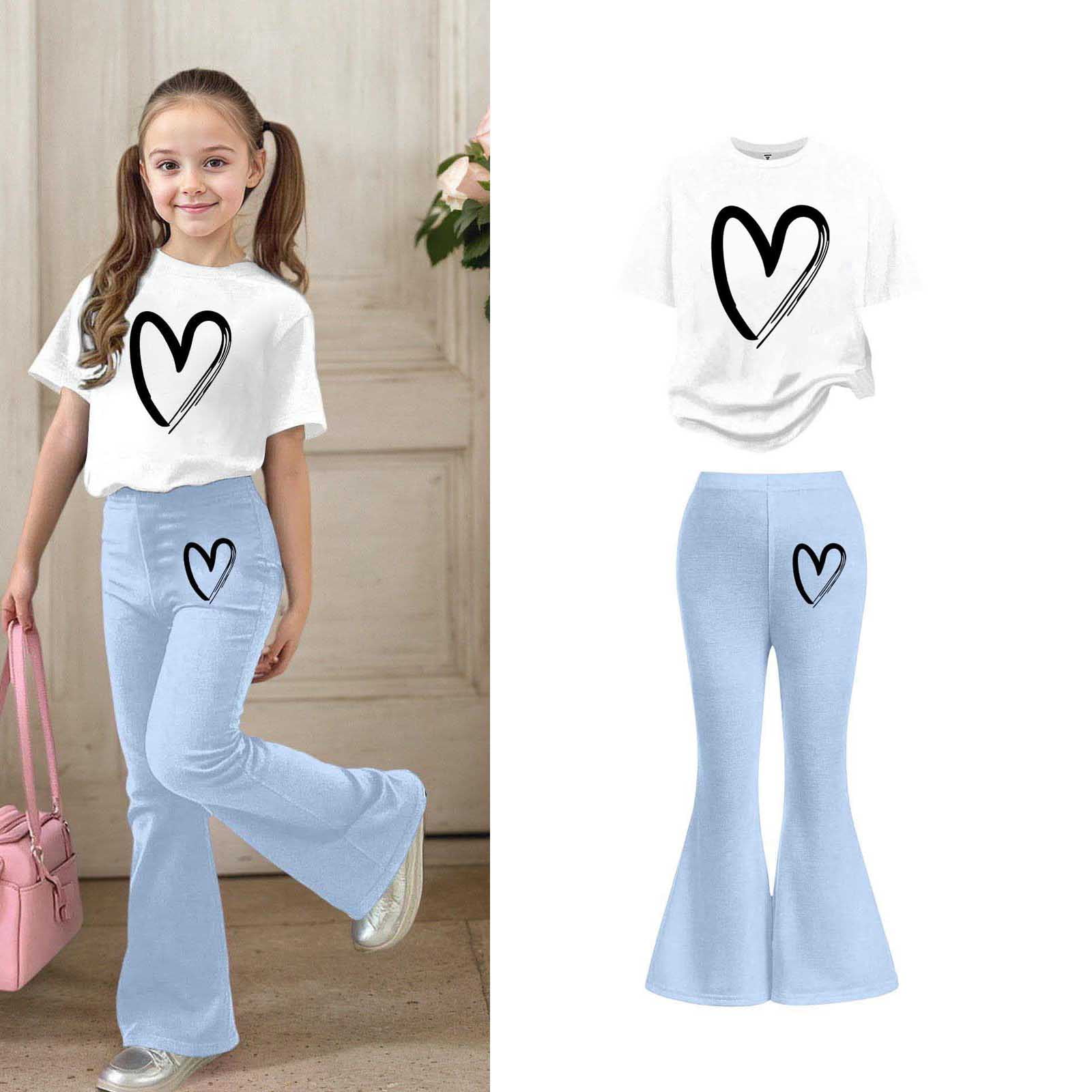 2 Piece Outfits Sets Girls Short Sleeve Heart T-Shirt Top and Flared ...