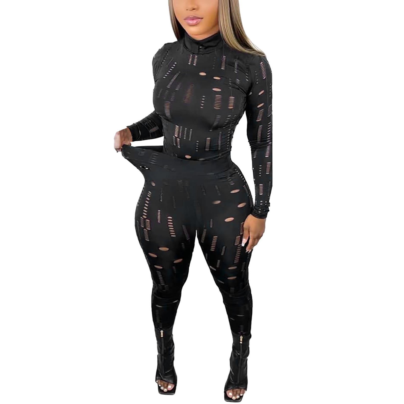 2 Piece Outfits Women Black Stretchy Mesh Long Sleeve Blouse Bodycon ...