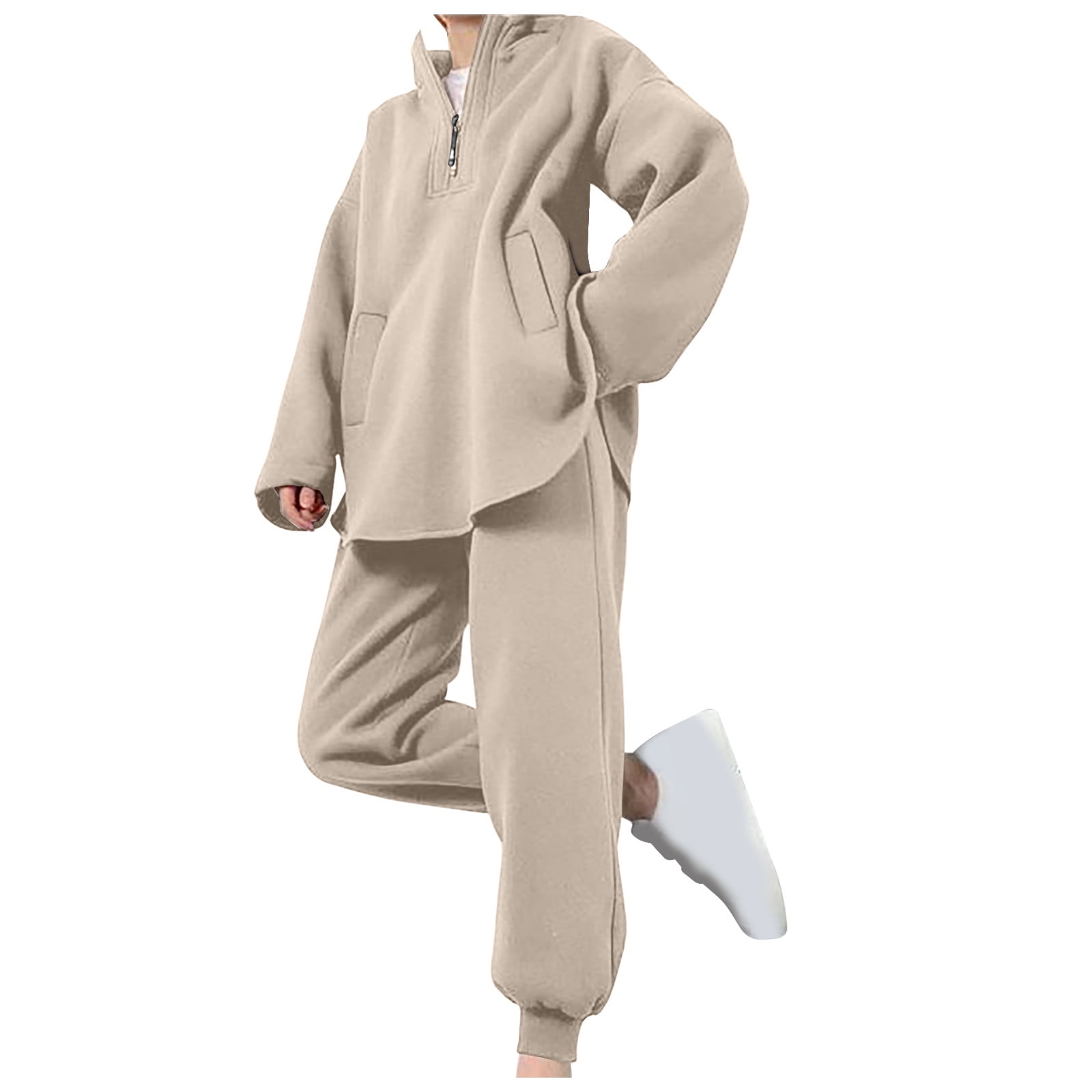 2 Piece Outfits Women Fleece Lined Tracksuit Set Half Zip Stand Collar ...