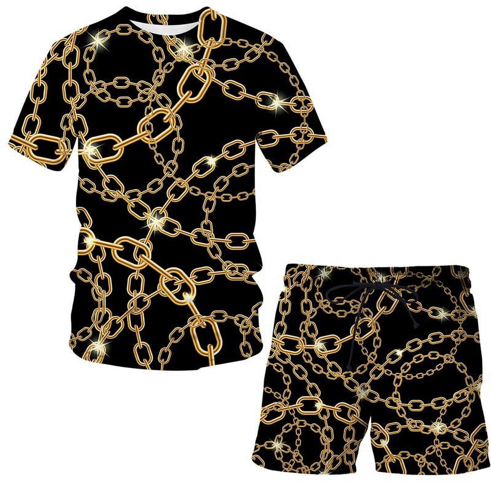2 Piece Outfits for Men Tracksuit Short Sleeve Gold Chain 3D Digital ...