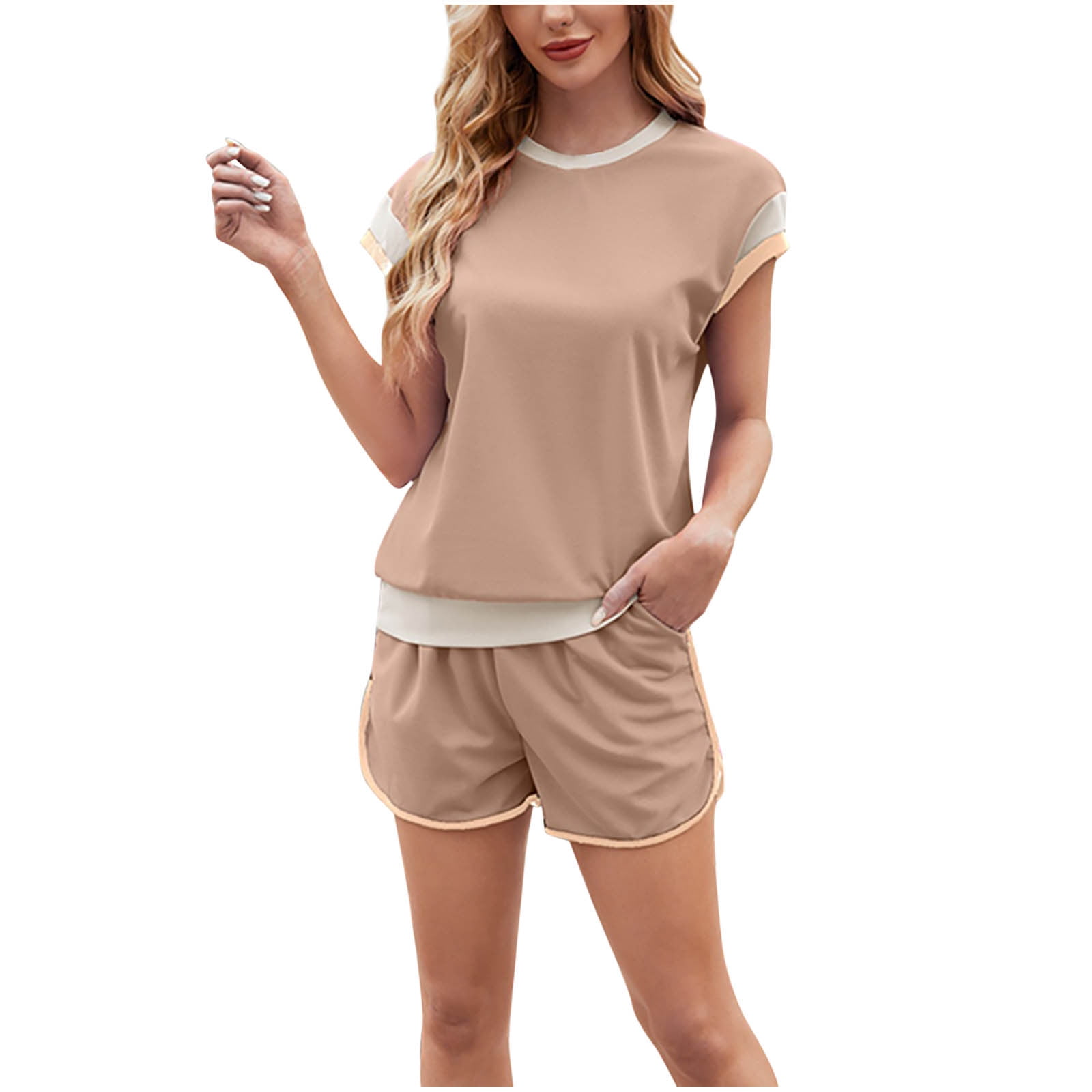 2 Piece Outfits for Women Color Block Crew Neck Short Sleeve Top and ...