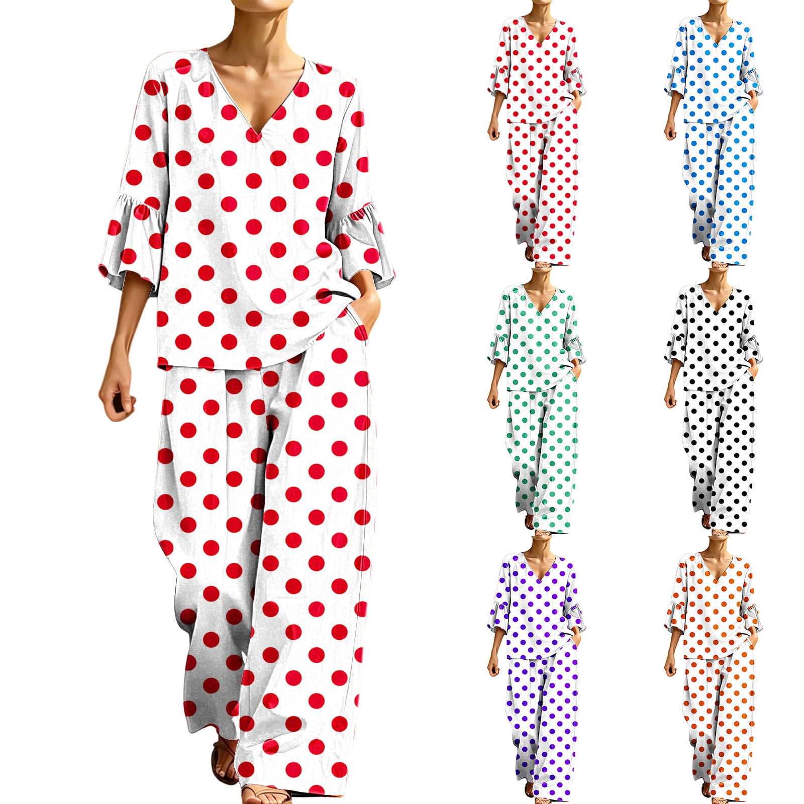 2 Piece Outfits for Women Ihhxva Loose Fit Polka Dot Outfit Set with ...