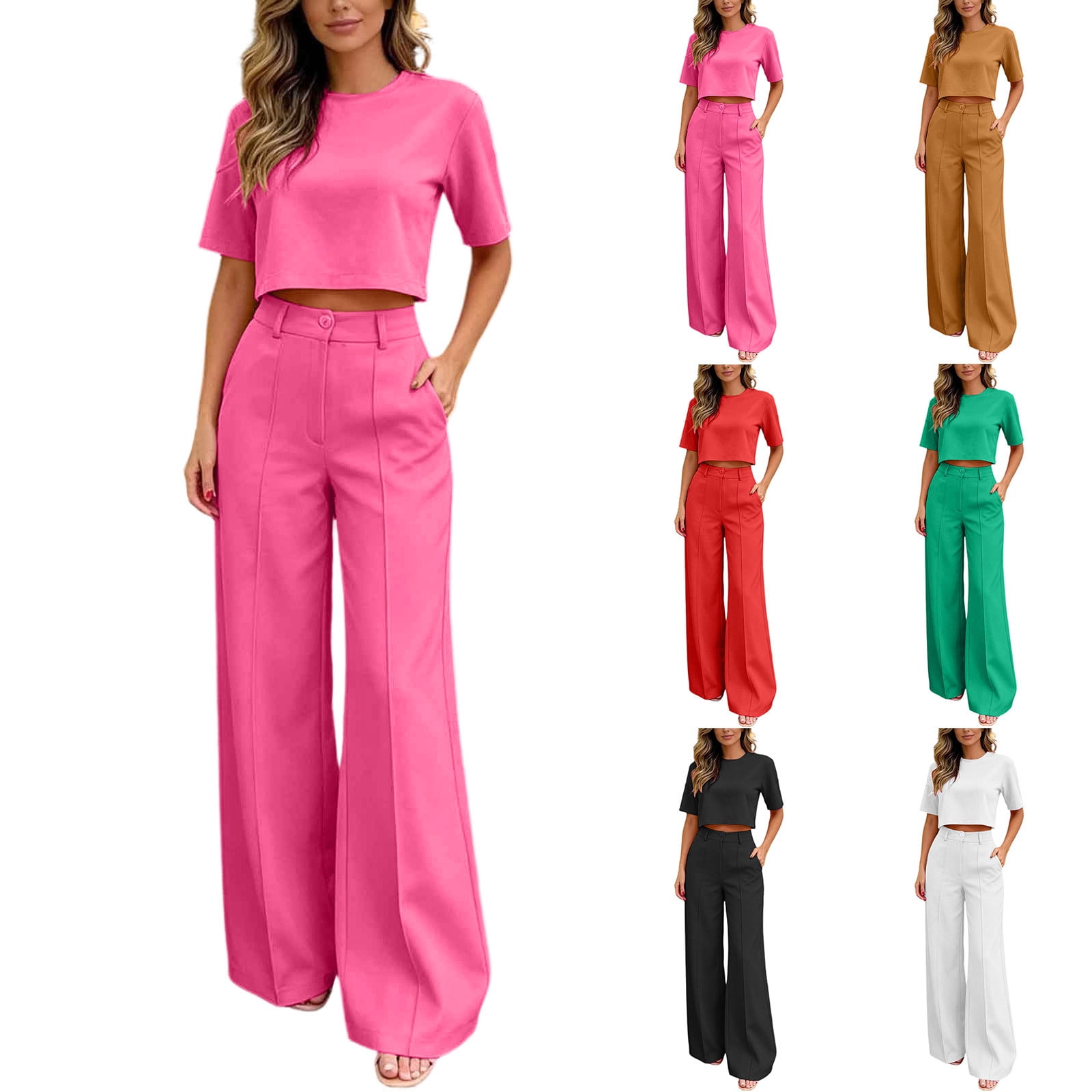 2 Piece Outfits for Women Ihhxva Short Sleeve Crew Neck Cropped Top ...