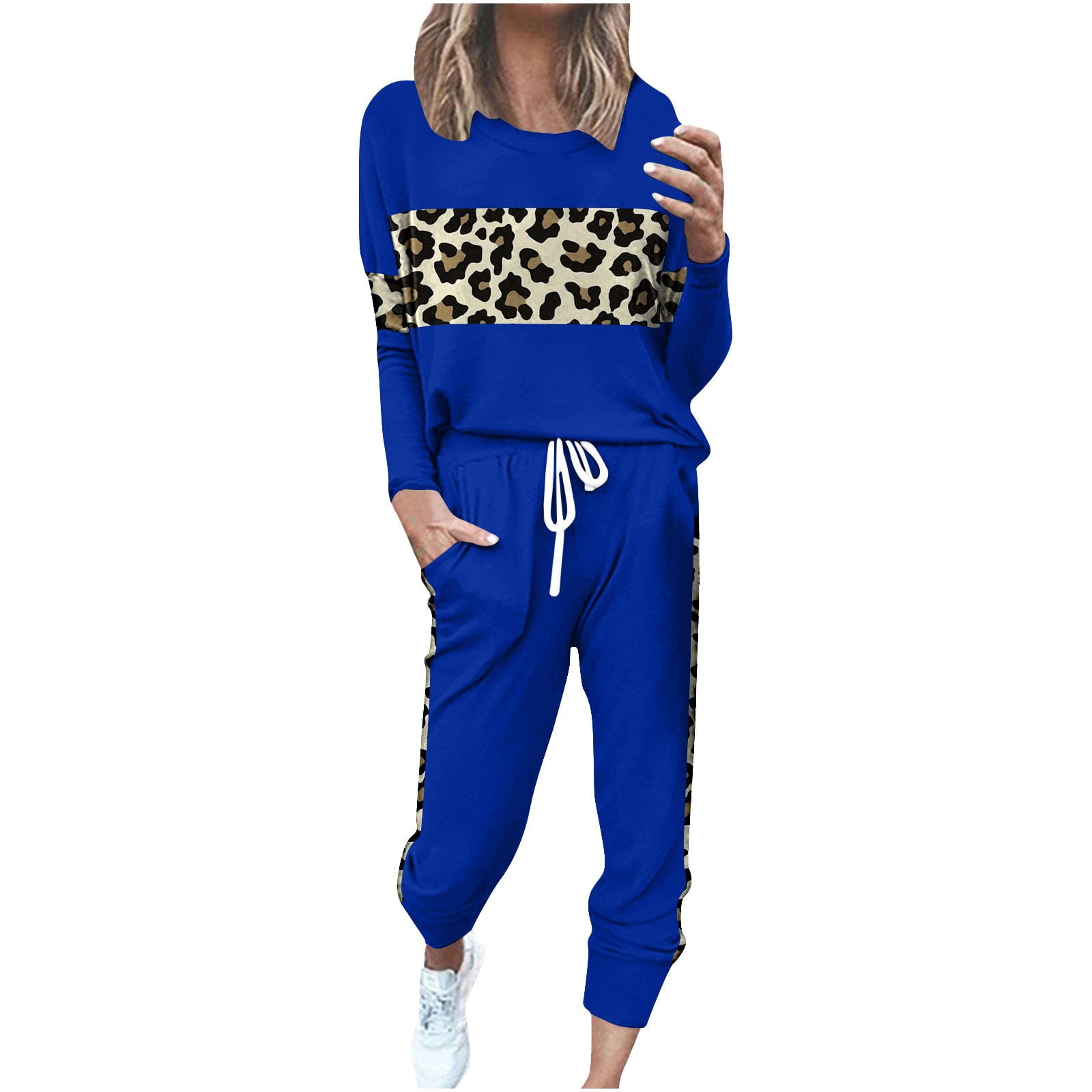 2 Piece Outfits for Women Leopard Patchwork Lounge Sets - Pullover Long ...