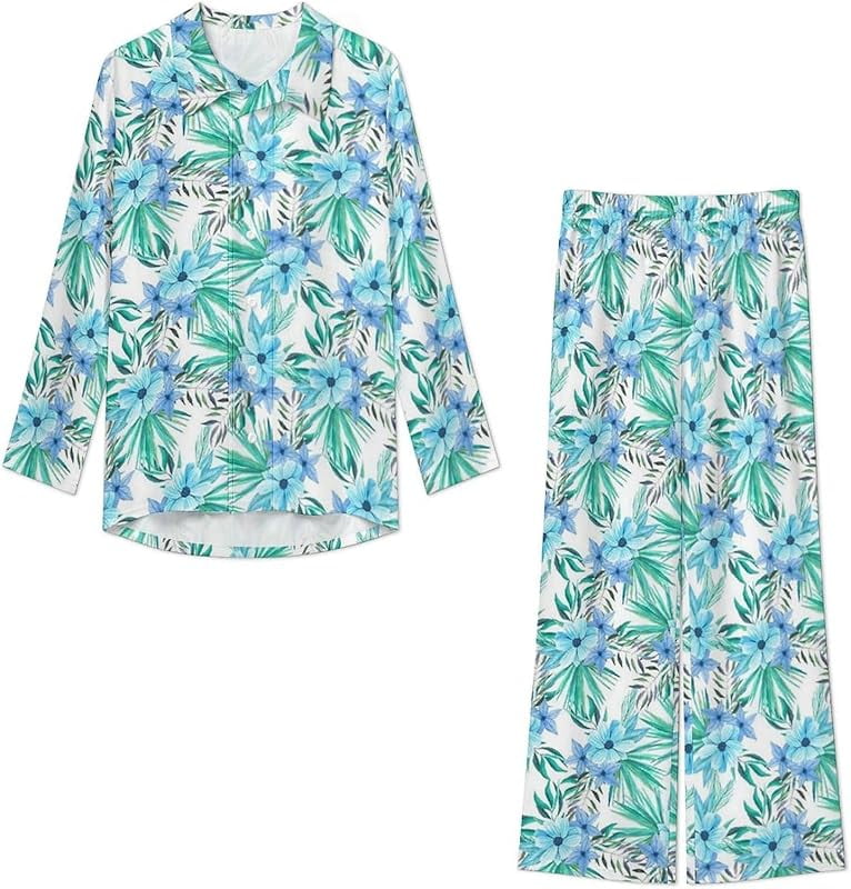 2 Piece Outfits for Women Long Sleeve Bird Print Button Down Shirt and ...