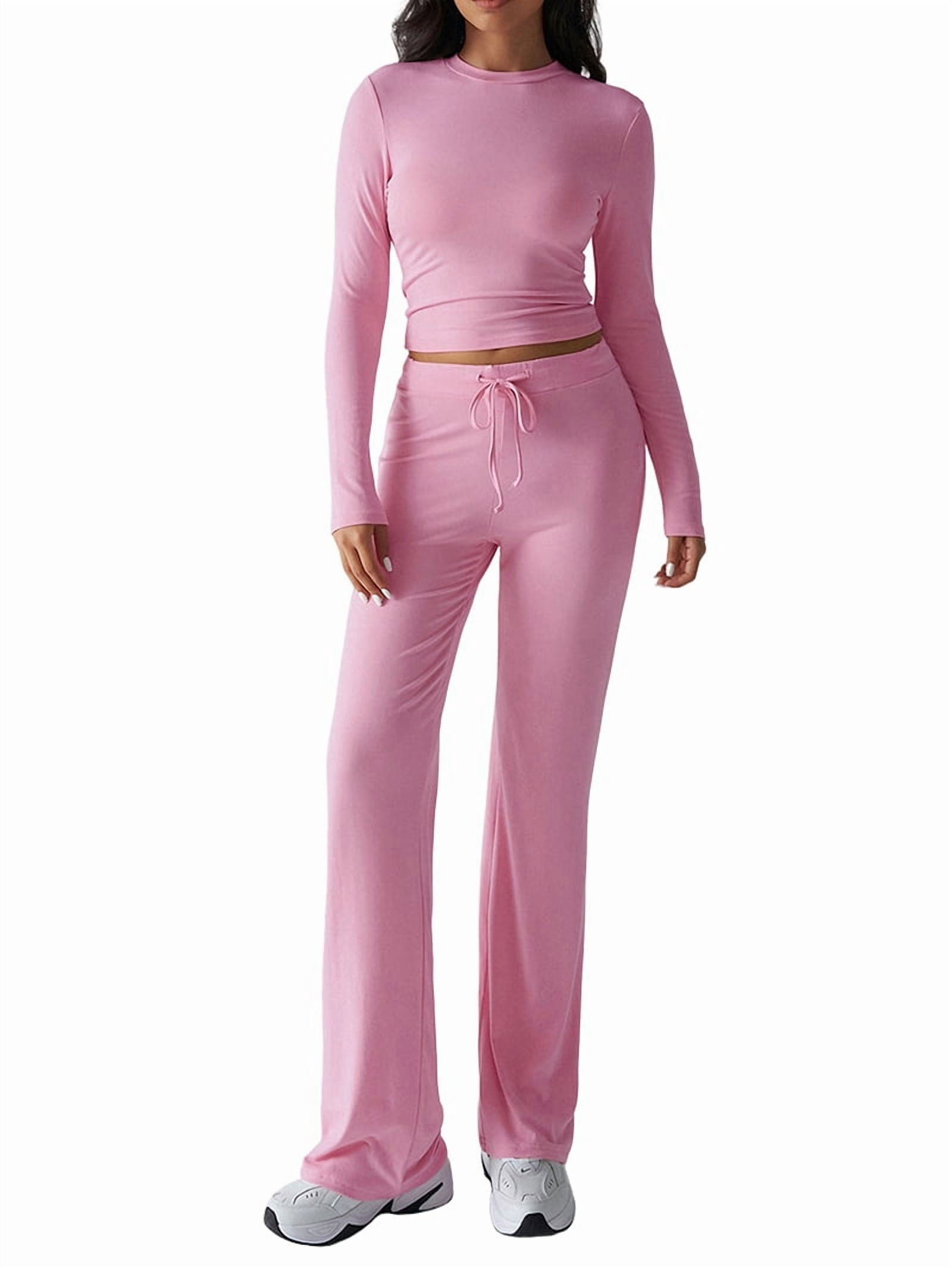 2 Piece Outfits for Women Long Sleeve Crew Neck Crop High Waist Flare ...