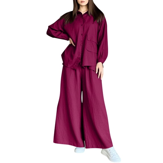 2 Piece Outfits for Women Oversized Linen Lounge Sets Long Sleeve ...