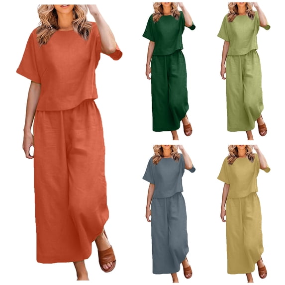 2 Piece Outfits for Women Summer Cotton Linen Sets Lounge Solid 3/4 ...