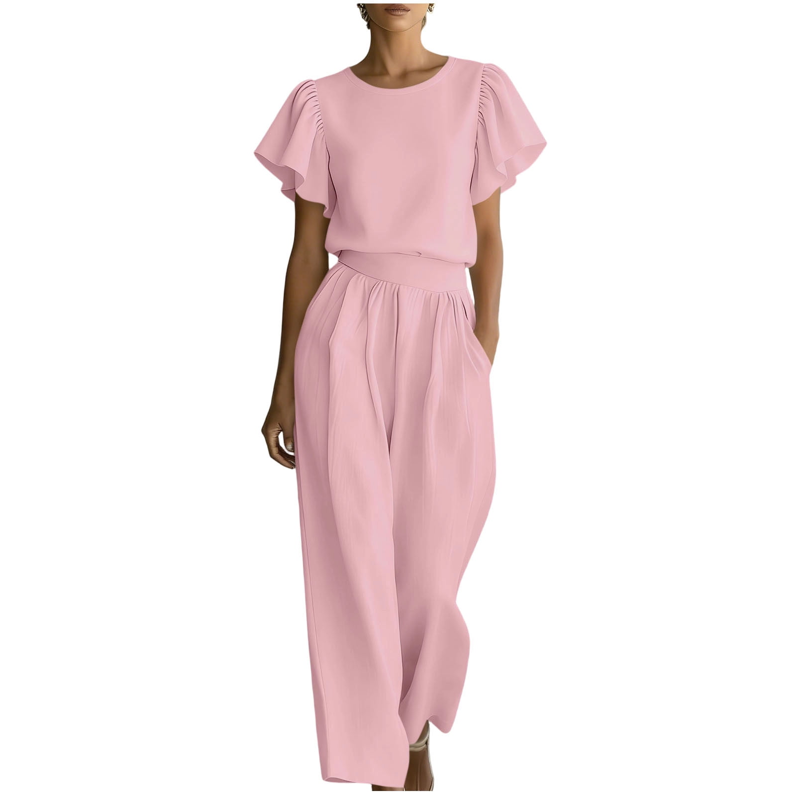 2 Piece Outfits for Women Summer Flutter Sleeve Top with Wide Leg Pants ...