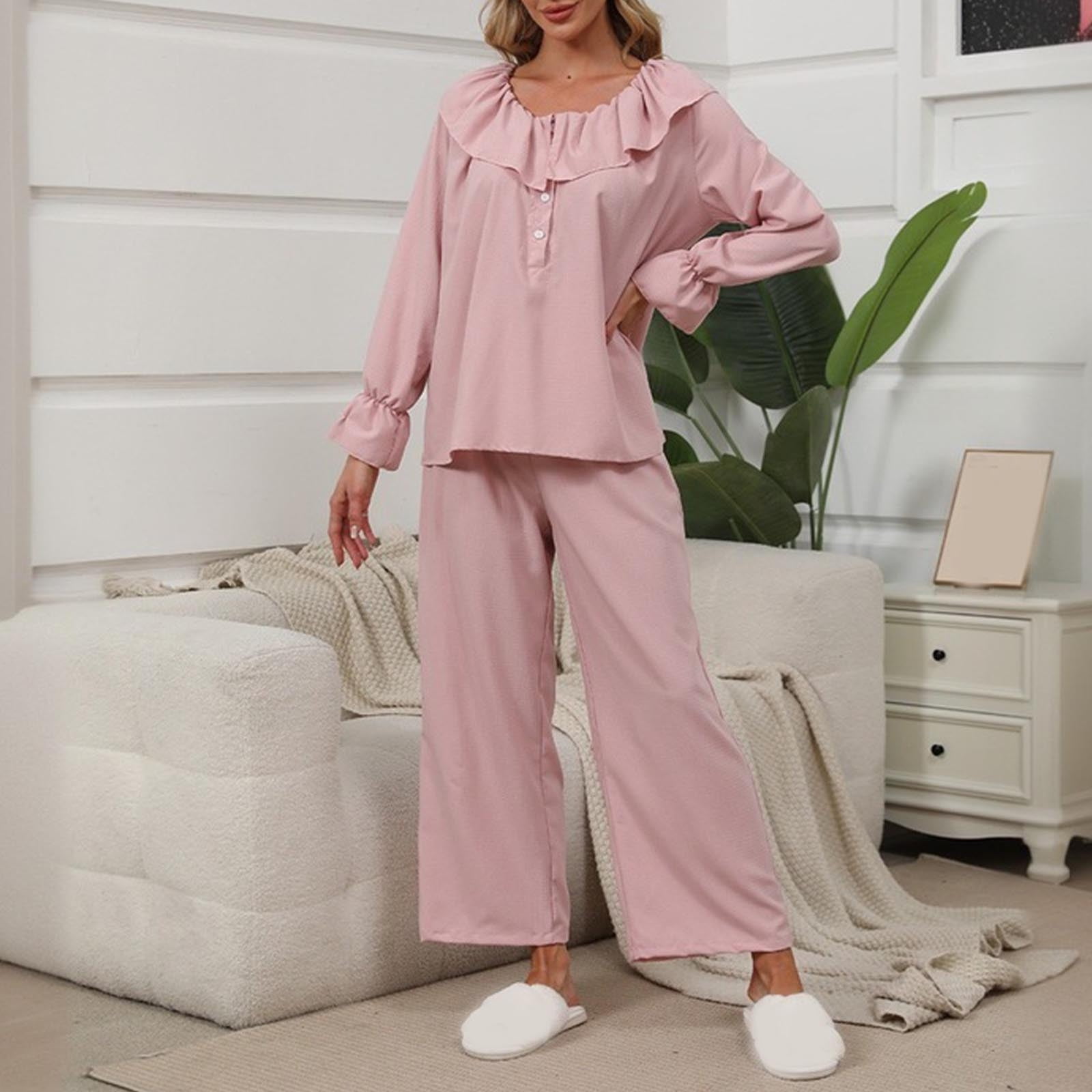 2 Piece Pajama Set For Women Crew Neck Long Sleeve Tops Wide Leg Pants ...