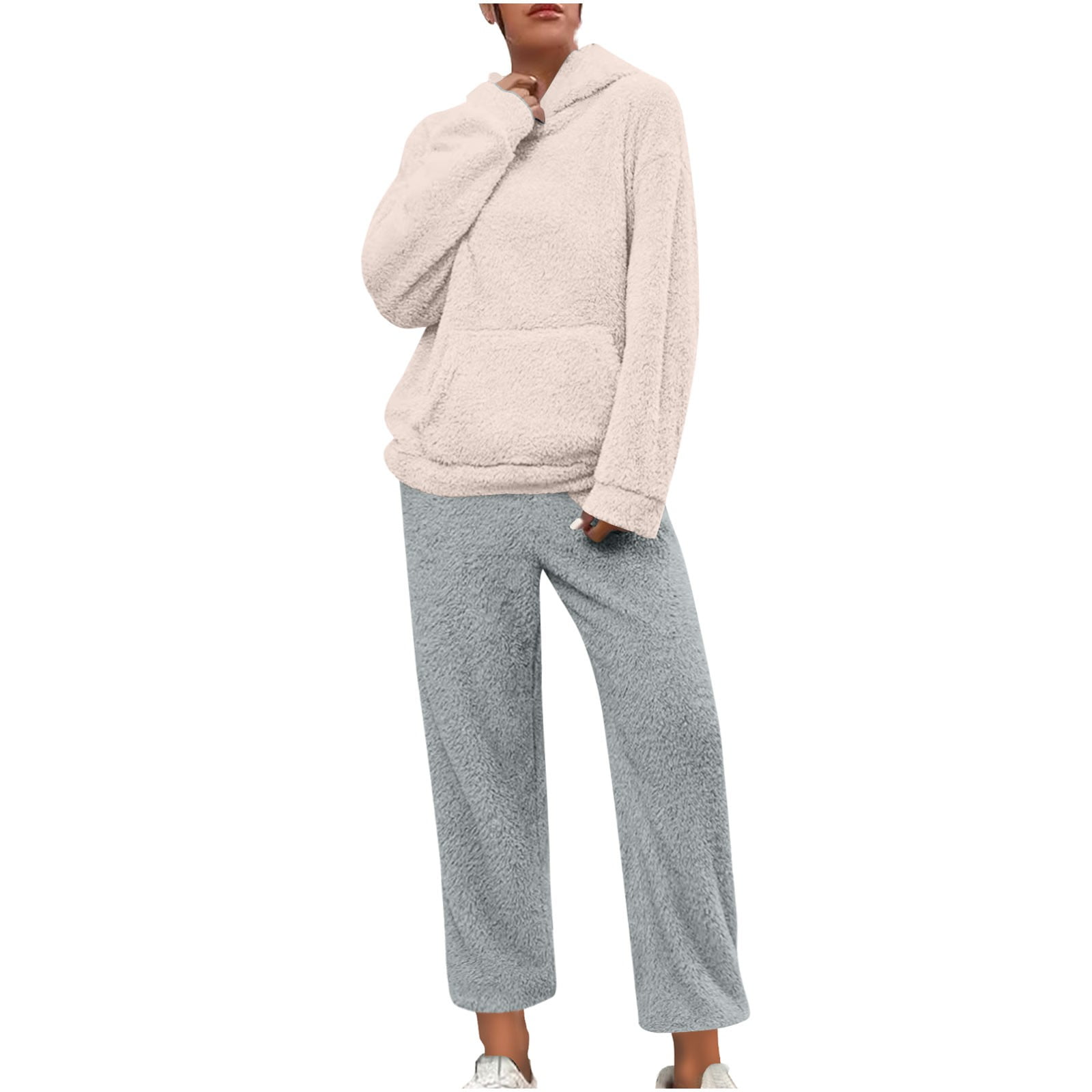 2 Piece Pajama Set for Women Fall Fleece Thick Fuzzy Solid Color Hoodie ...