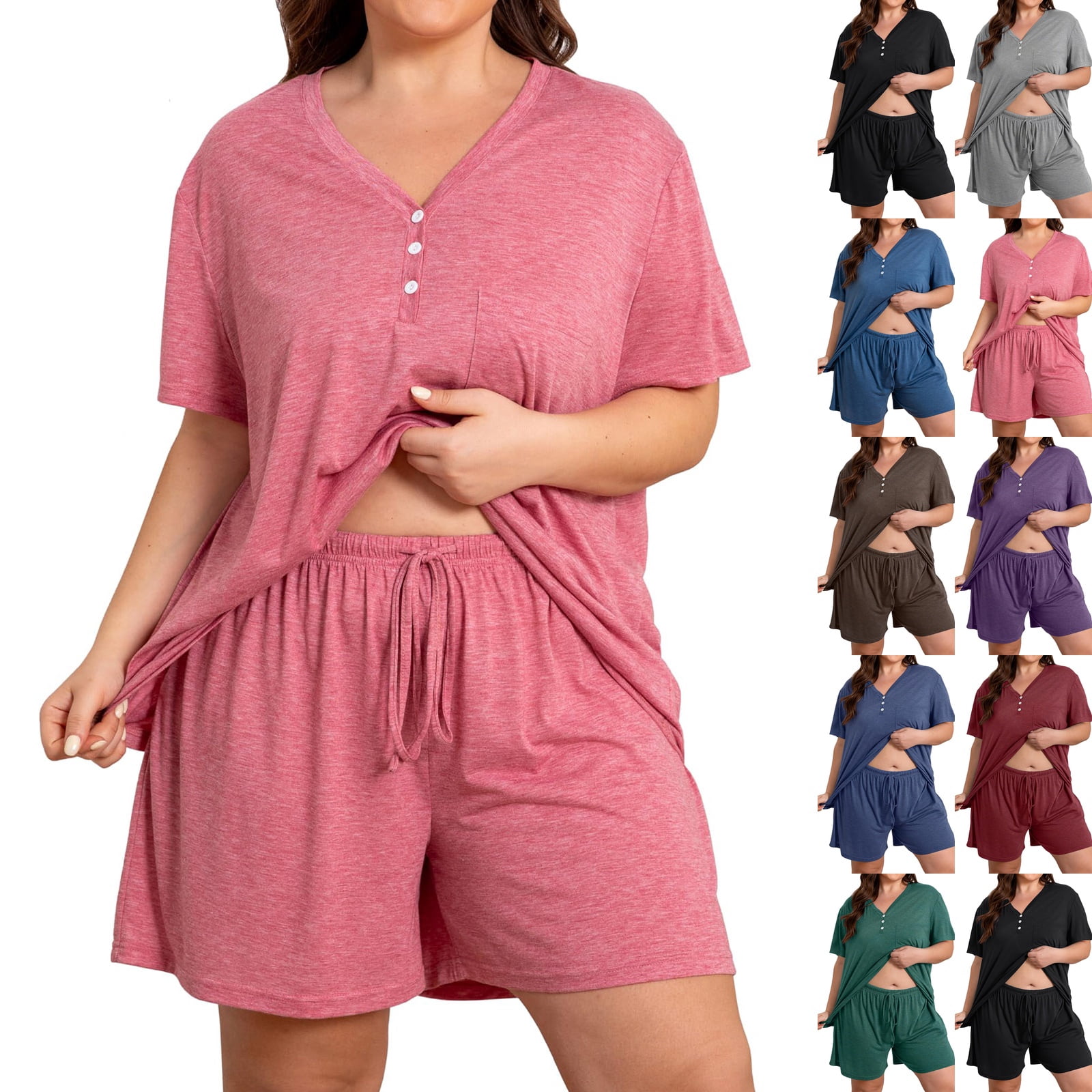 2 Piece Pajama Sets for Women Casual Matching Sets V Neck Henley Top ...