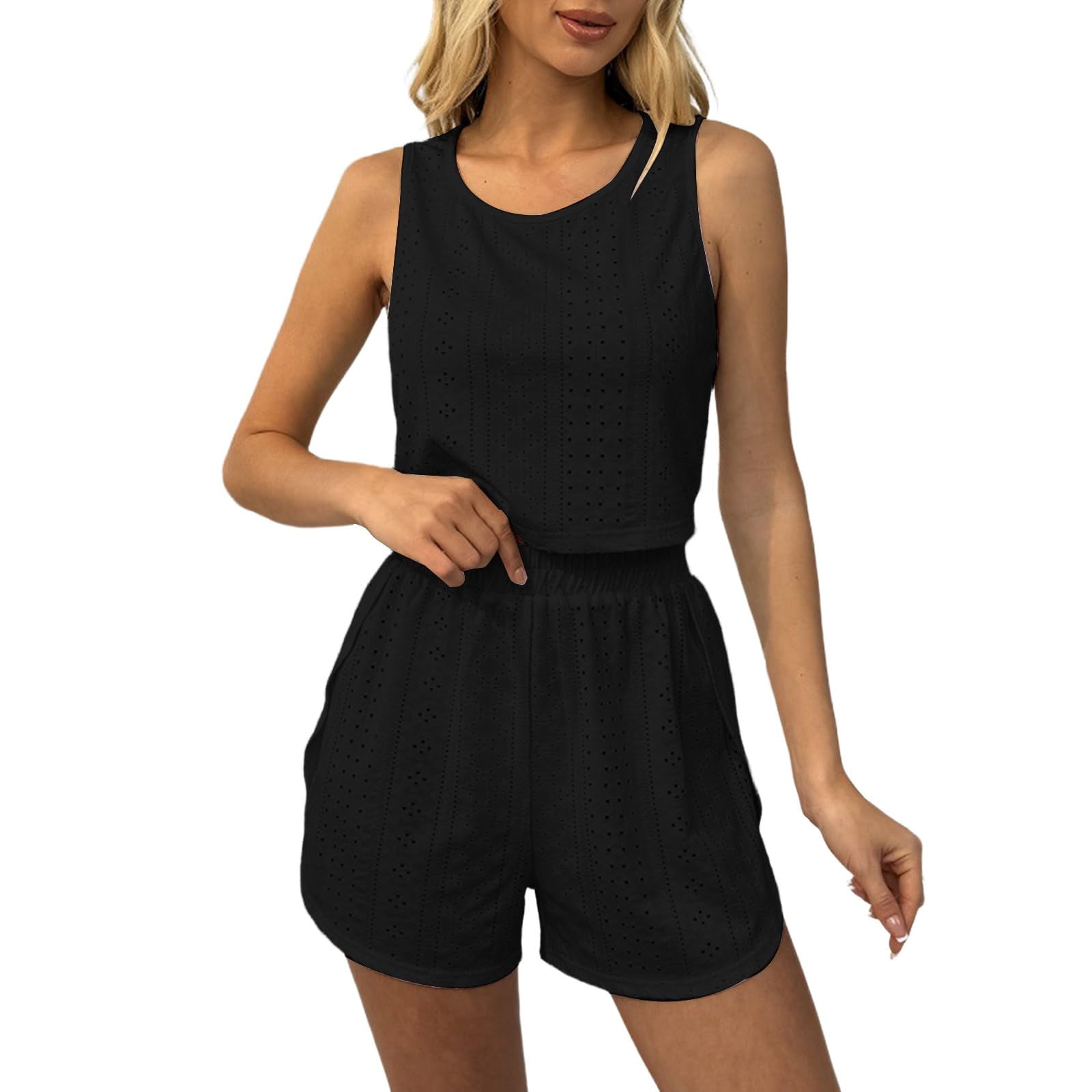 2 Piece Pajama Sets for Women Hollow Out Sleeveless Crop Tank Top ...