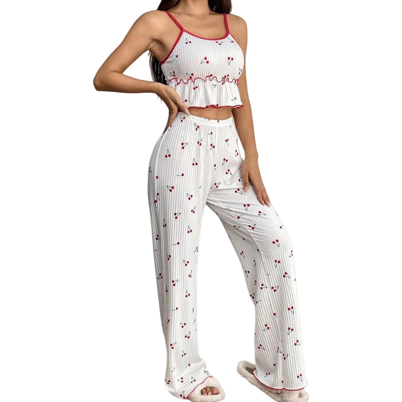 2 Piece Pajamas Set for Women BWASD Ribbed Ruffled Camisole Top and ...