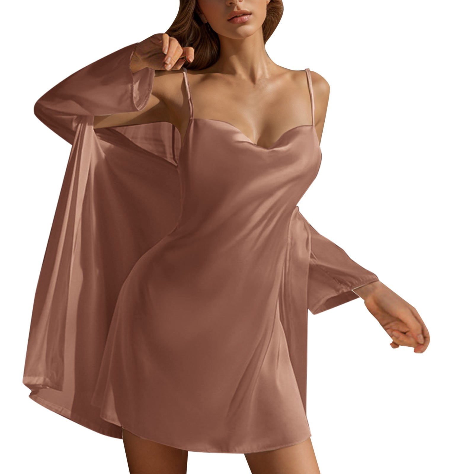 2 Piece Pajamas Women Sexy Ice Silk Nightgowns Robes Summer Pure