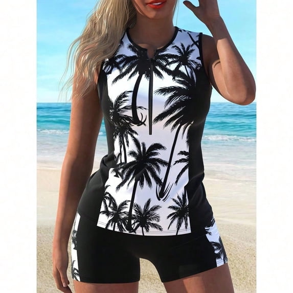 2-Piece Palm Tree Print Tankini Swimsuit Set, Sleeveless Zip-Up Top ...