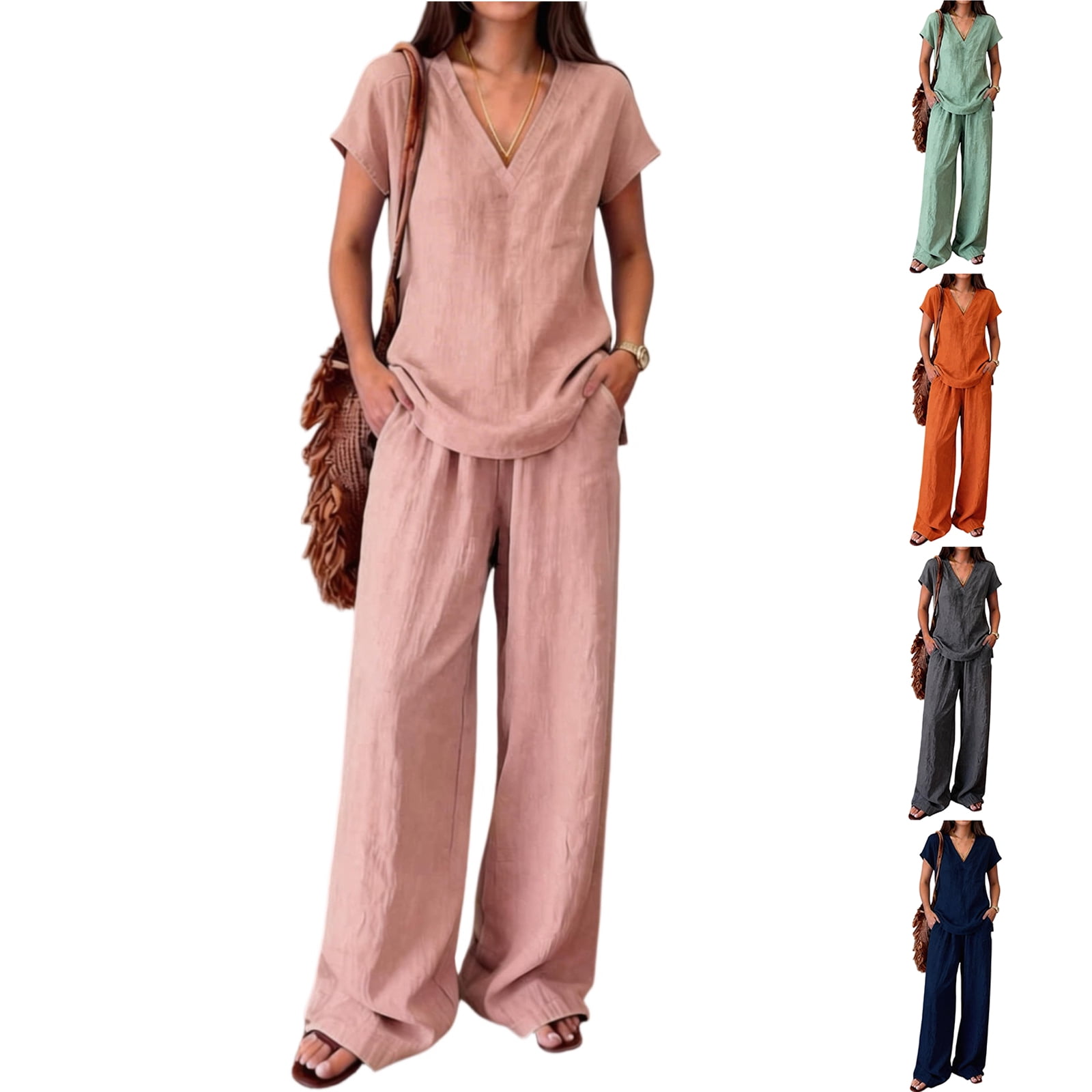 2 Piece Pants Set for Women Short Sleeve V Neck Top Matching Wide Leg ...