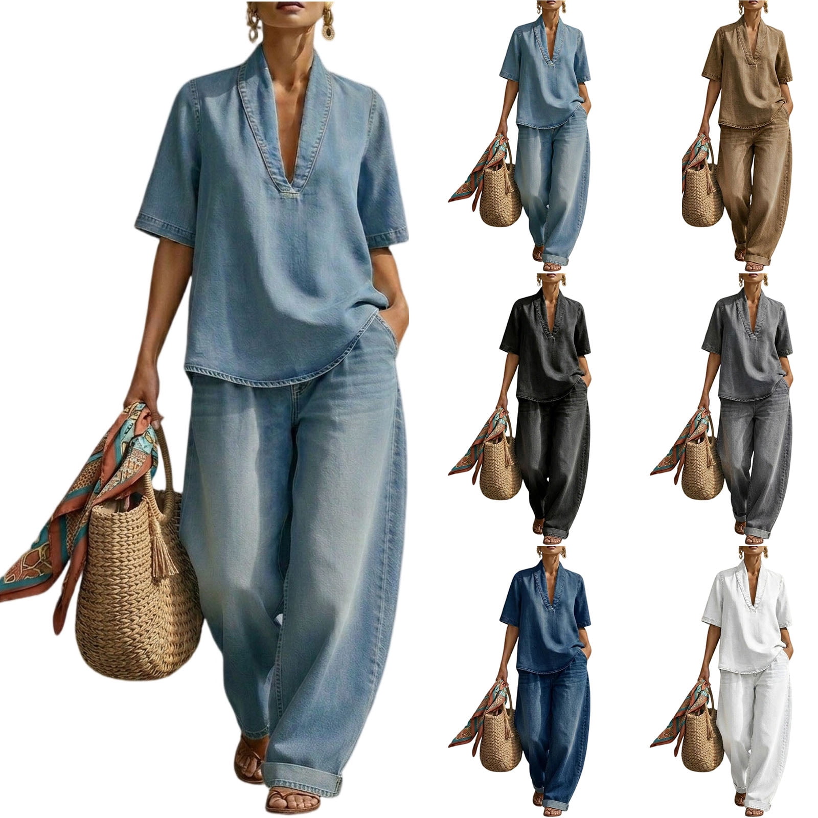 2 Piece Pants Set for Women Sleeveless Halter Neck Tank Top and Wide ...