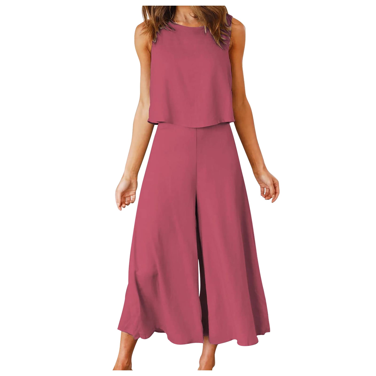 2 Piece Pants Sets for Women Dressy Casual Wide Leg Flowy Capri Pant ...