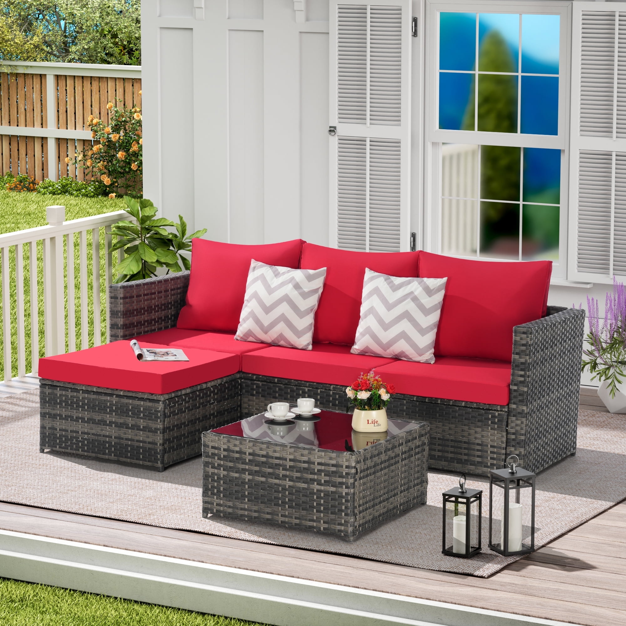 2-Piece Patio Furniture Set, Outdoor Woven Sectional L- Shaped Patio ...