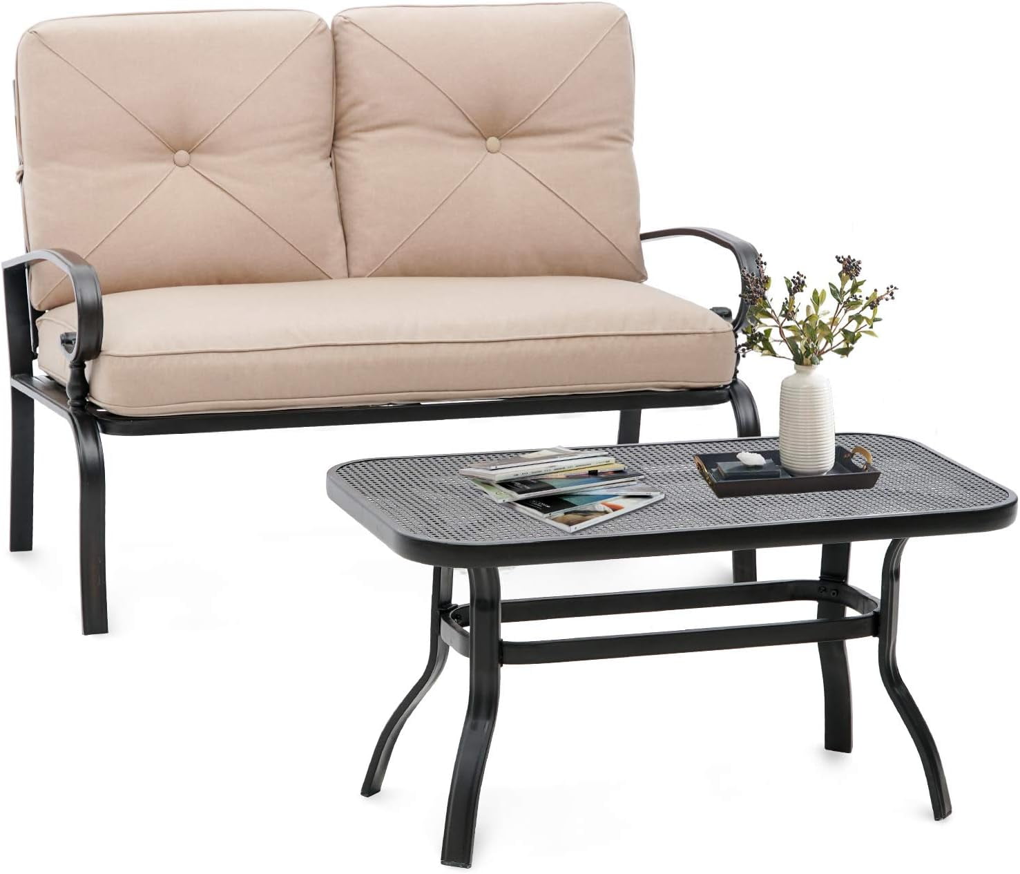 2-Piece Patio Loveseat Furniture Set Outdoor Steel Frame Bench with ...