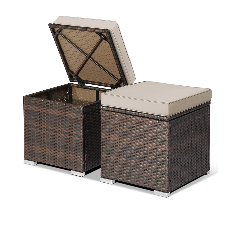 2 Piece Patio Ottomans, Hand-Woven Rattan Ottoman Seat with Hidden ...