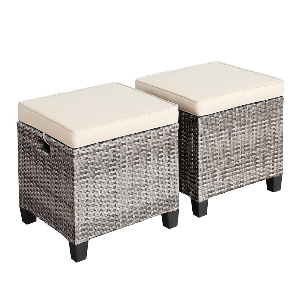 2-Piece Patio Rattan Ottomans, Outdoor Wicker Furniture with 2 Footrest ...