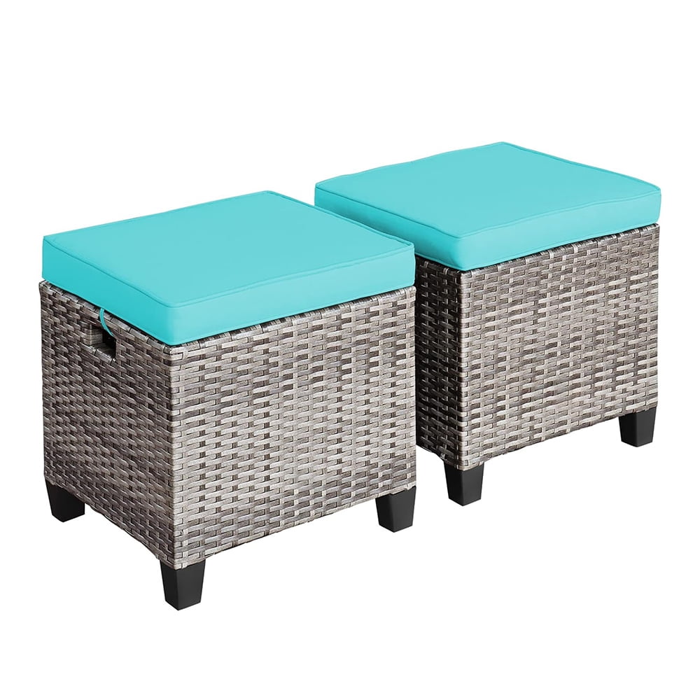 2-Piece Patio Rattan Ottomans, Outdoor Wicker Furniture with ...