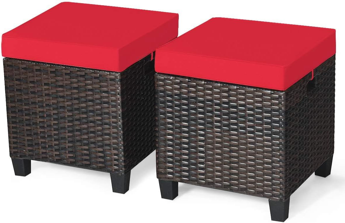 2 Piece Patio Wicker Ottomans, 2 in 1 Outdoor PE Rattan Side Table ...