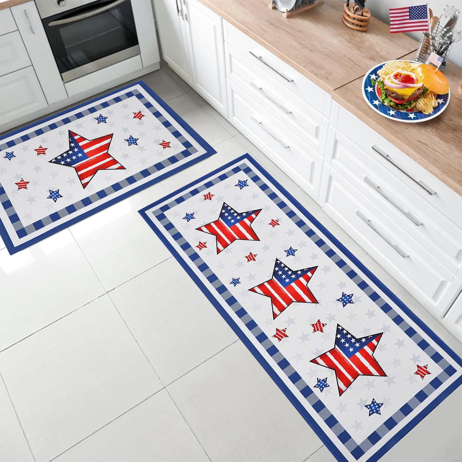 2-Piece Patriotic Kitchen Rug Set - Red, White & Blue Flag Design Non ...