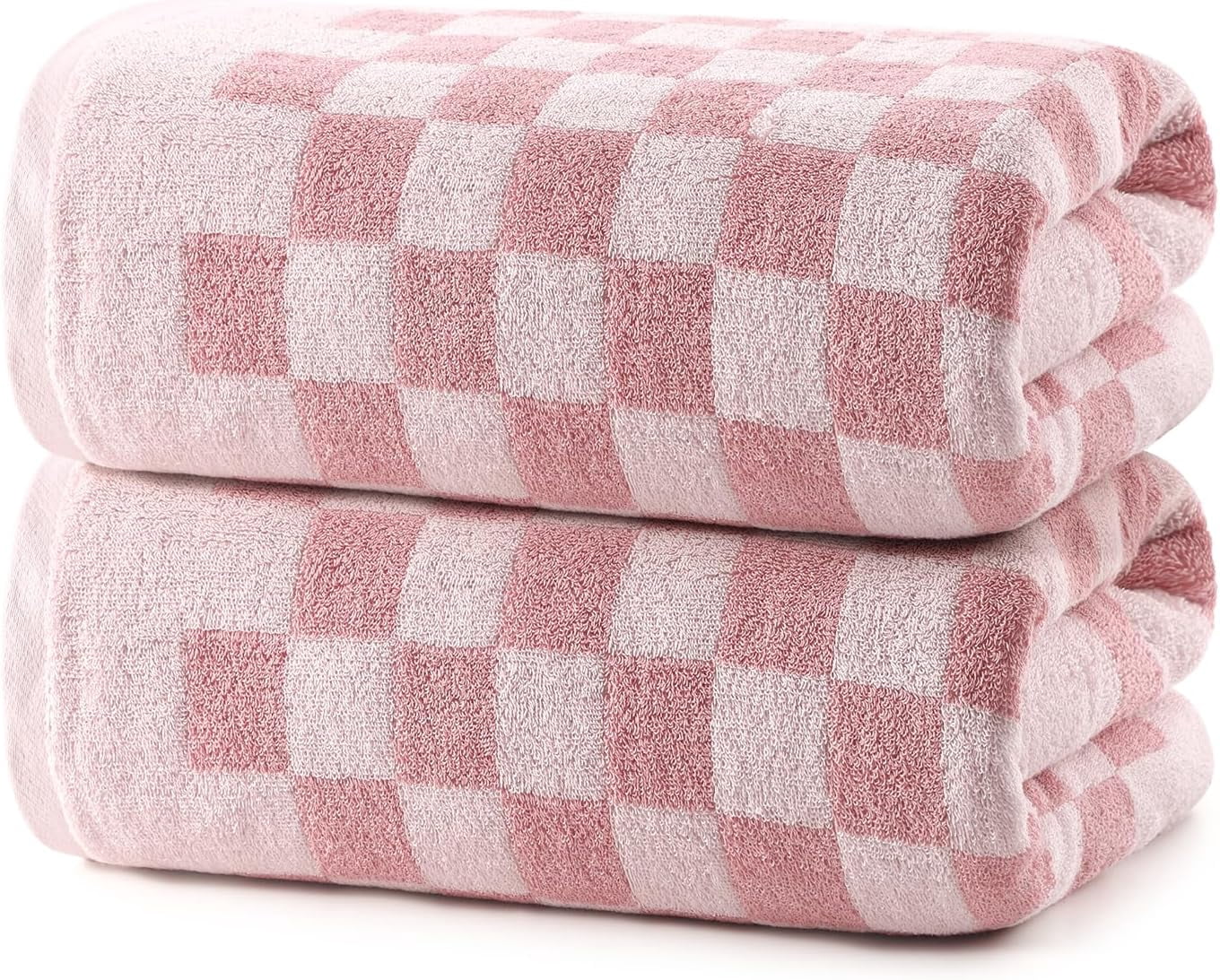 2 Piece Pink Checkered Bath Towels Set - 27”x55” Highly Absorbent ...