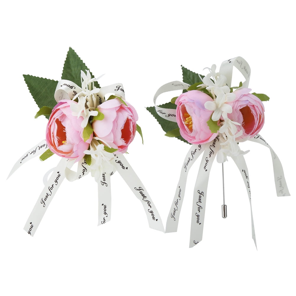 2-Piece Pink Chest Flower Corsage and Wrist Flower Set for Bridesmaids ...