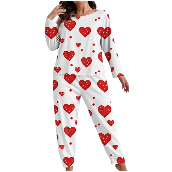 2 Piece Plus Size Printed Pajamas Set For Women Crewneck Long Sleeve ...