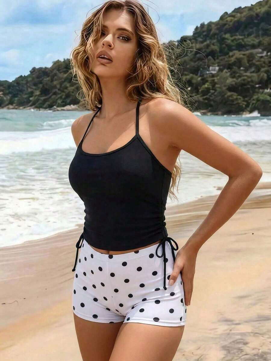 2-Piece Polka Dot Tankini Set With Spaghetti Strap Top And Boy Shorts ...