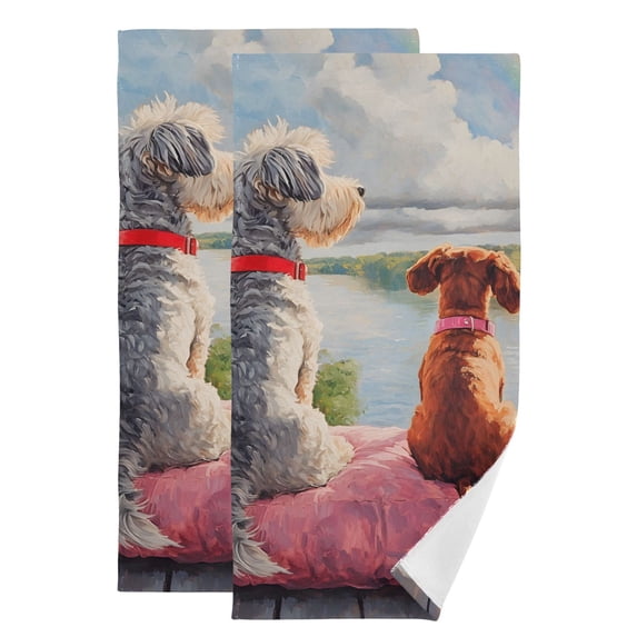 2-Piece Polyester cotton Towel Set Absorbent Back View Of Two Dogs Hand ...
