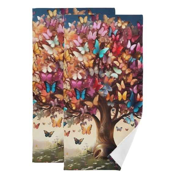 2-Piece Polyester cotton Towel Set Absorbent Butterfly Tree Hand Towel ...