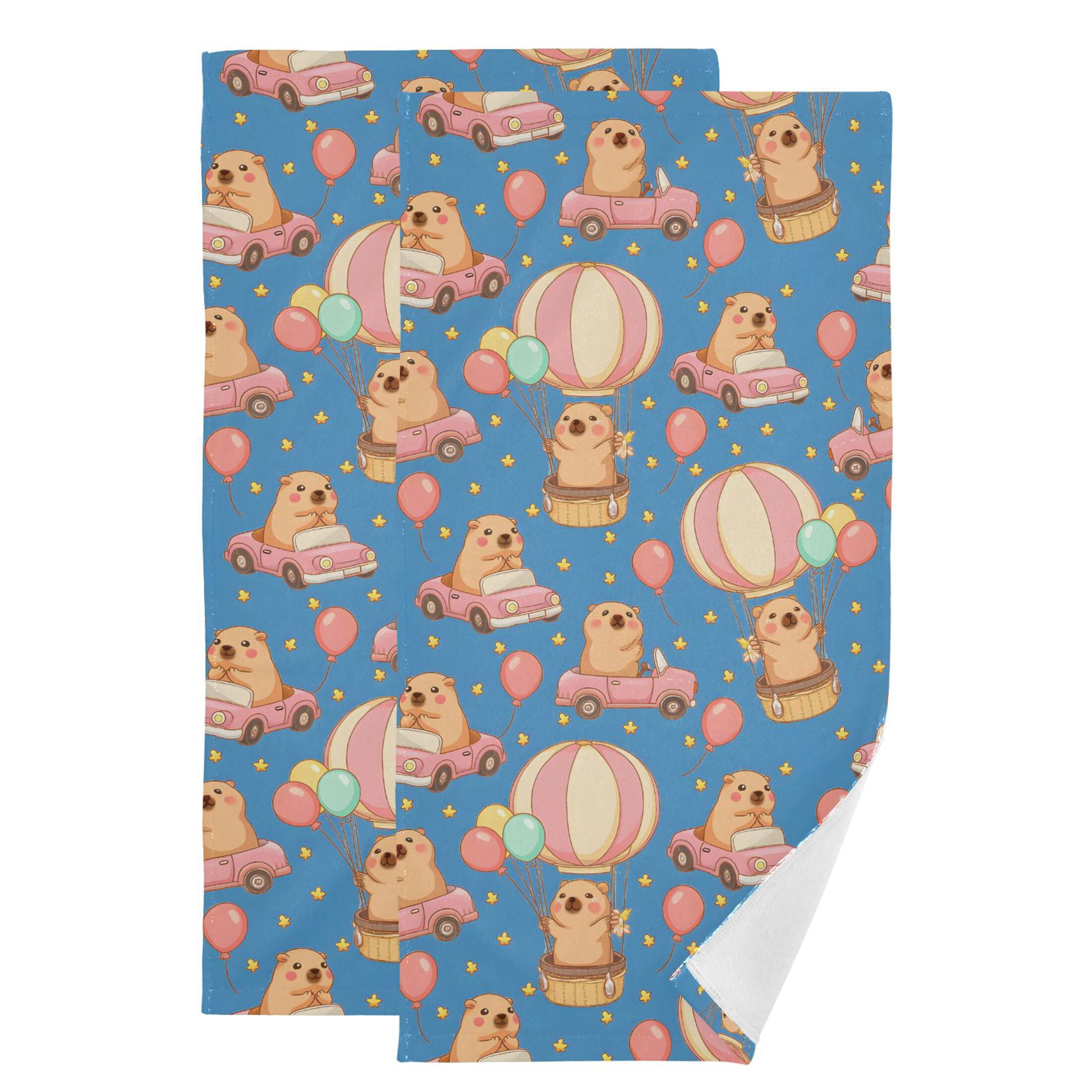 2-Piece Polyester cotton Towel Set Absorbent Capybara Balloon Car Hand ...