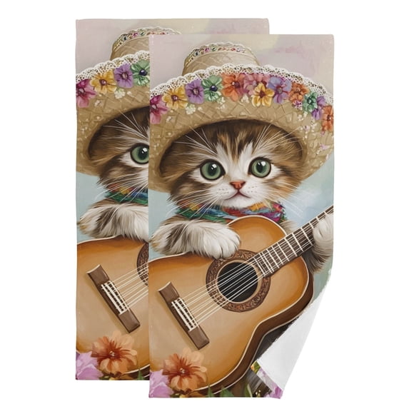 2-Piece Polyester cotton Towel Set Absorbent Cat Guitar Hand Towel Bath ...