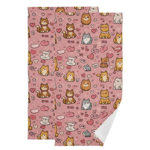 2-Piece Polyester cotton Towel Set Absorbent Cute Cats and Shiba Inu ...