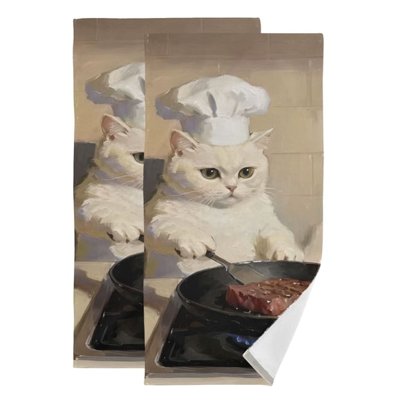 2-Piece Polyester cotton Towel Set Absorbent Cute White Cat Cooking ...