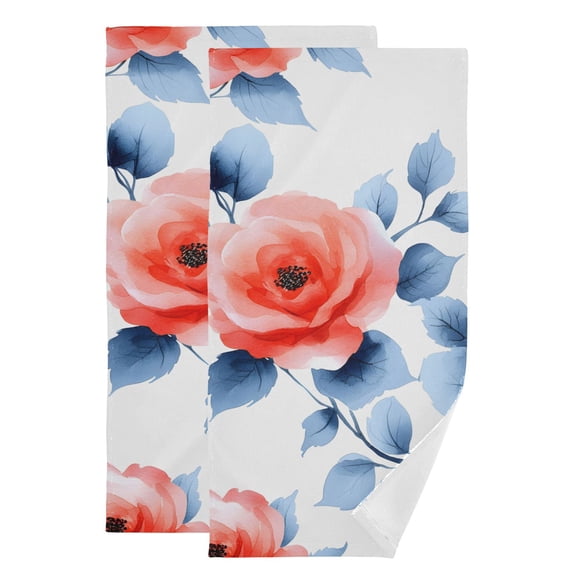 2-Piece Polyester cotton Towel Set Absorbent Leaves Tile Blue Flower ...