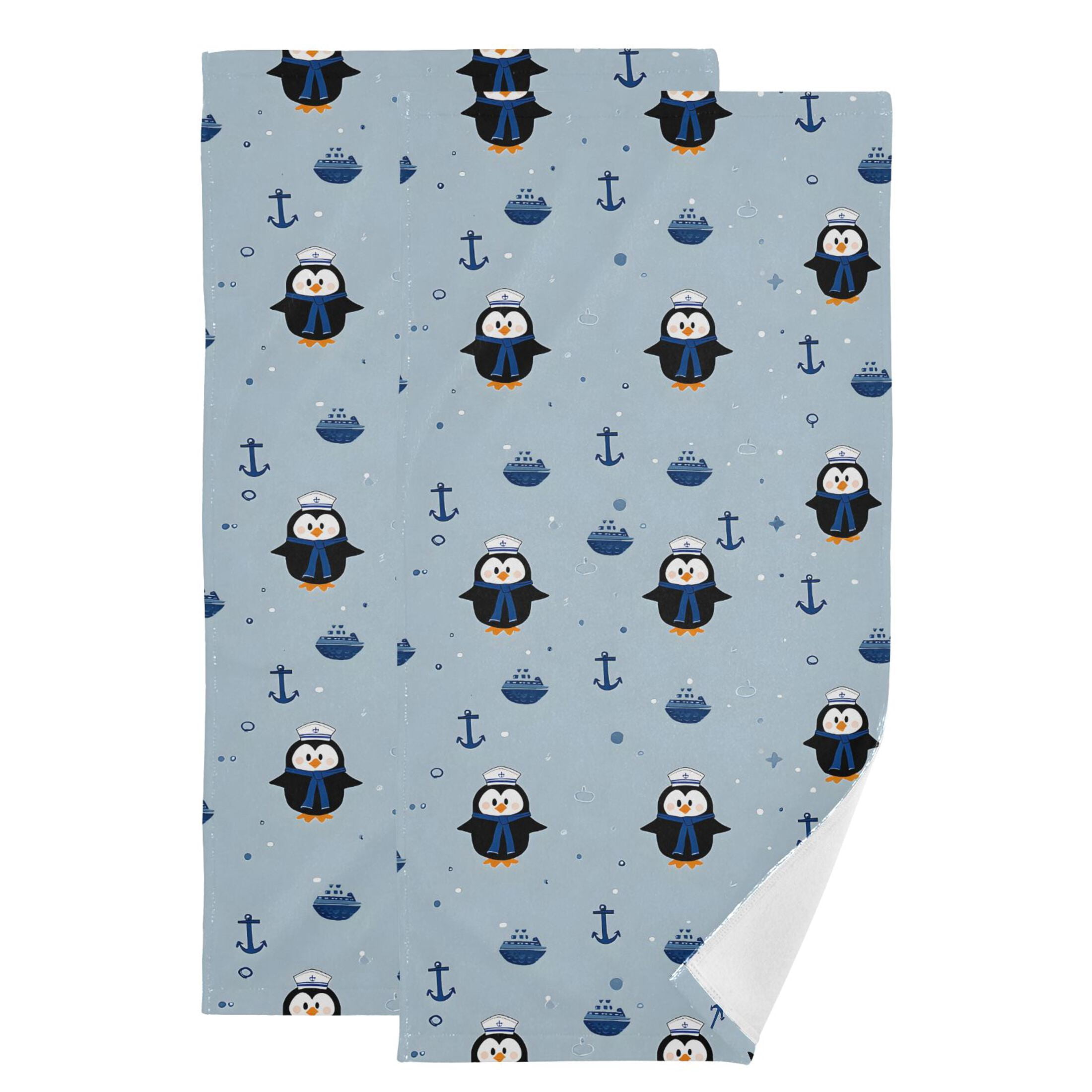 2-Piece Polyester cotton Towel Set Absorbent Penguin Boat Anchor Hand ...